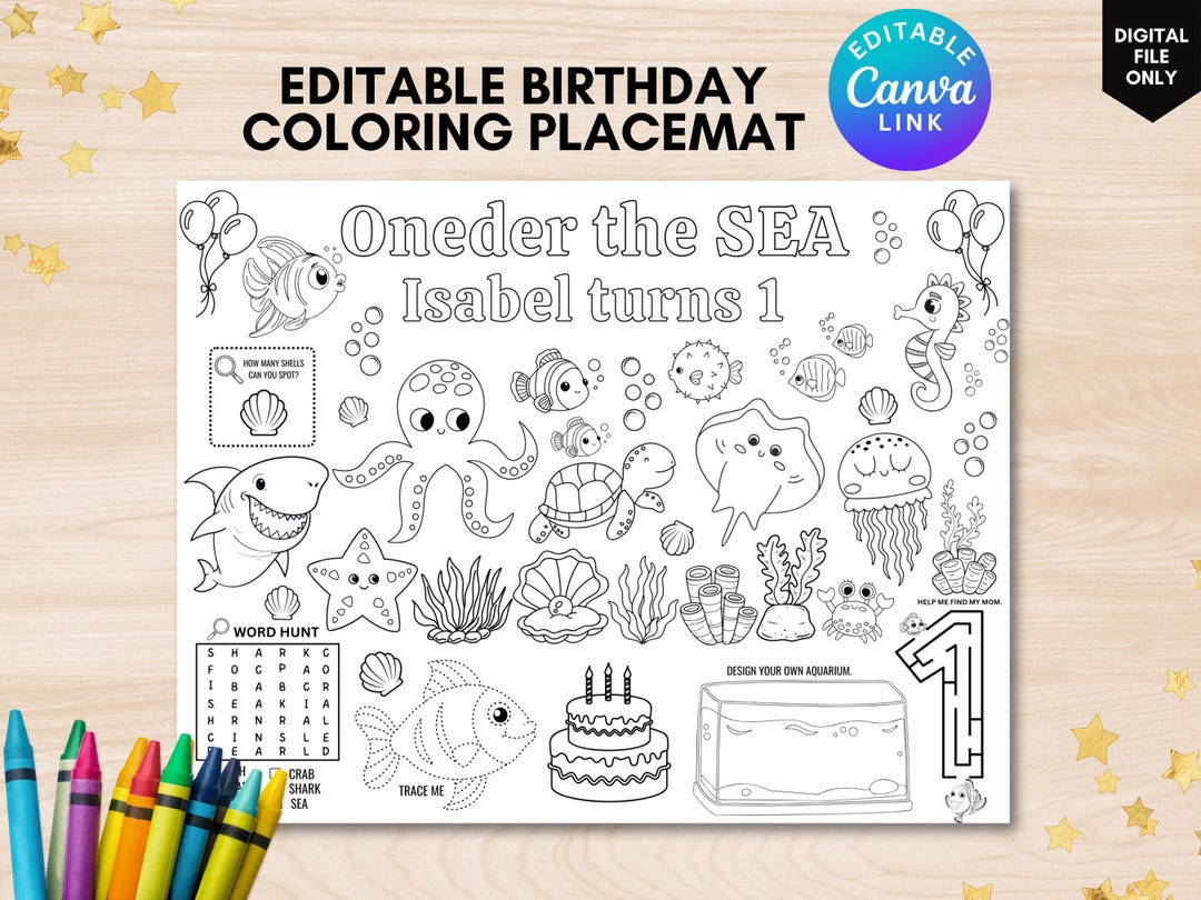 Editable Under the Sea Colorable Placemat Printable Oneder the Sea ...
