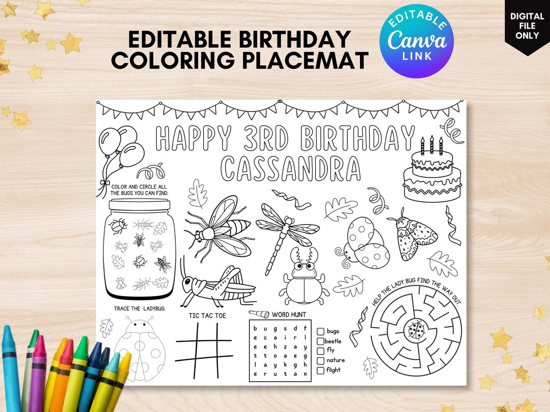 Editable Bugs Birthday Party Activity Placemat Insects Coloring Page ...