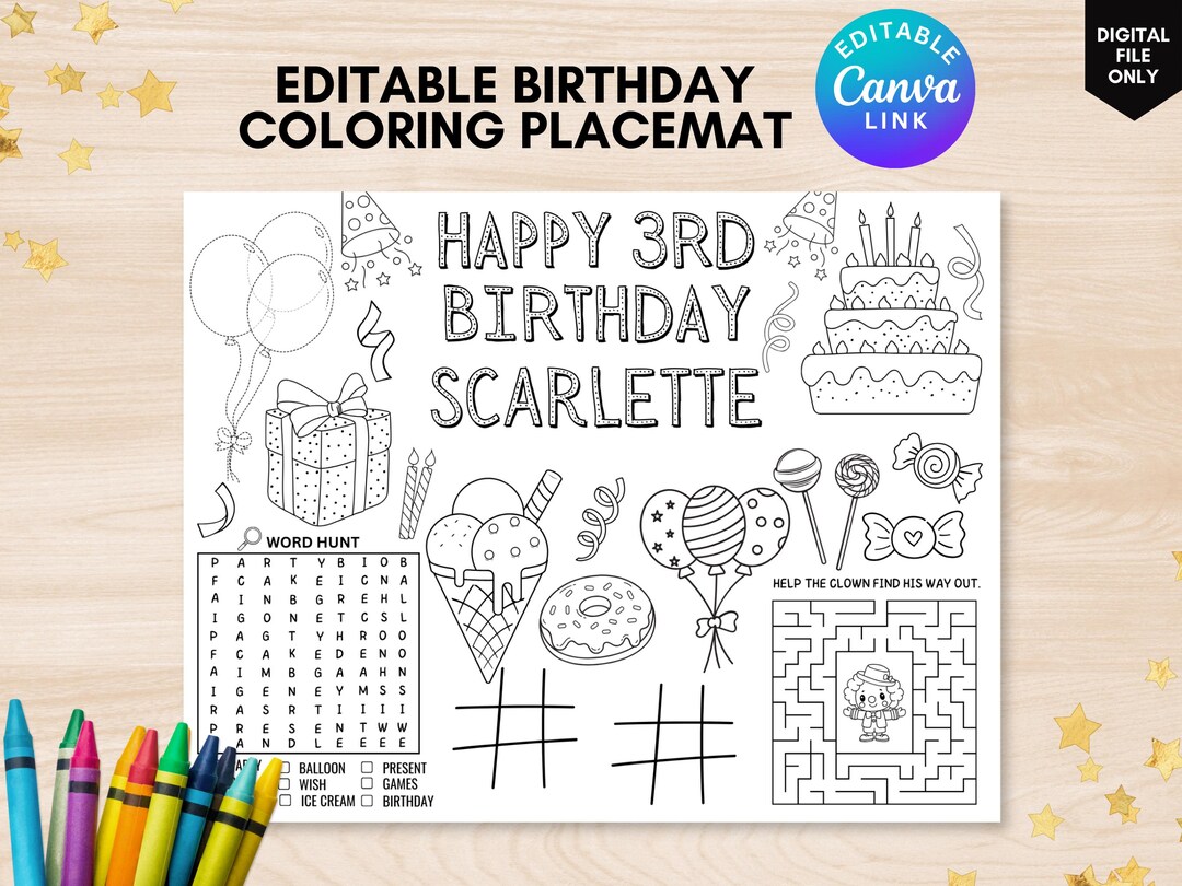 Birthday Coloring Placemat Personalized Birthday Coloring Page Birthday ...