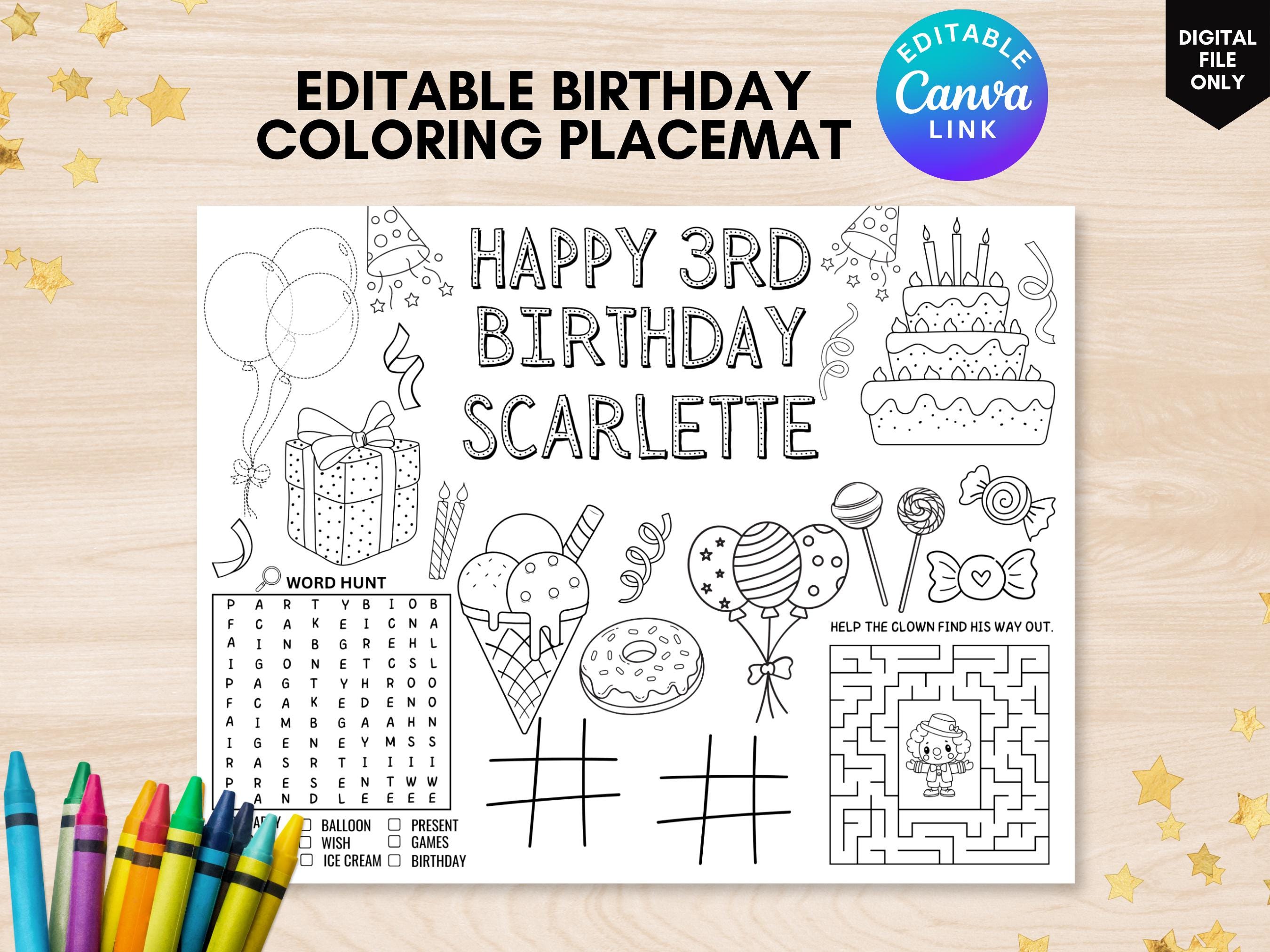 Birthday Coloring Placemat Personalized Birthday Coloring Page Birthday ...