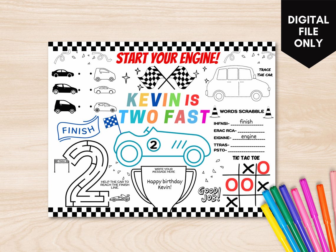 Custom Two Fast Birthday Coloring Page Printable Race Car Coloring ...
