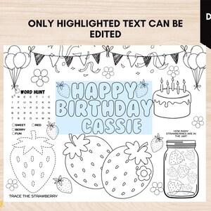 Strawberry Birthday Coloring Activity Page Editable Berry First ...