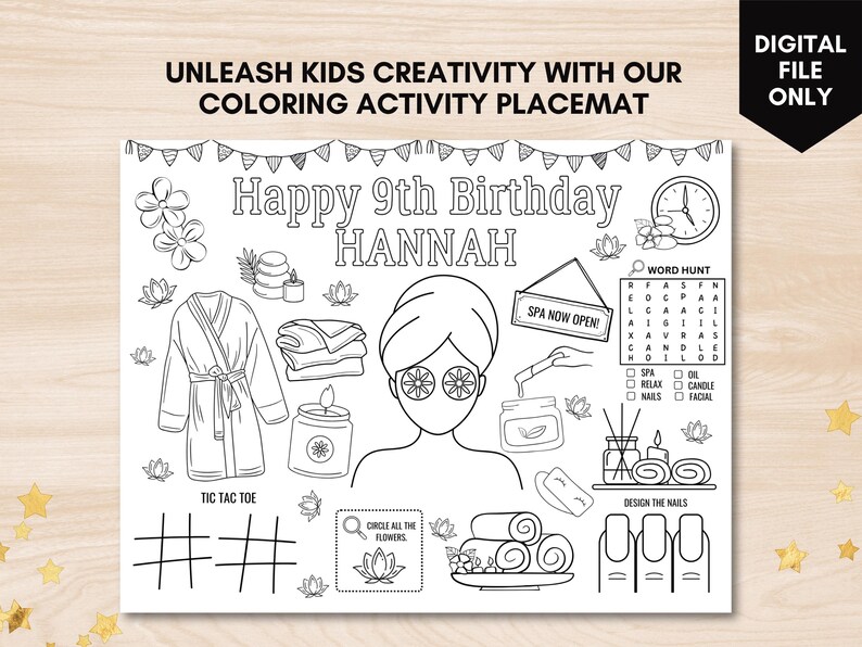 Editable Spa Party Colorable Placemat Spa Birthday Coloring Page ...