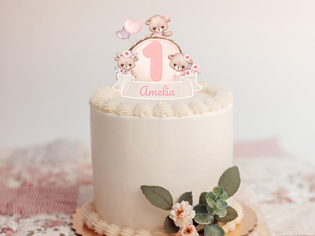 Personalized Baby Girl Cake Topper, Pink Bear Cake Topper, Pink Bear ...