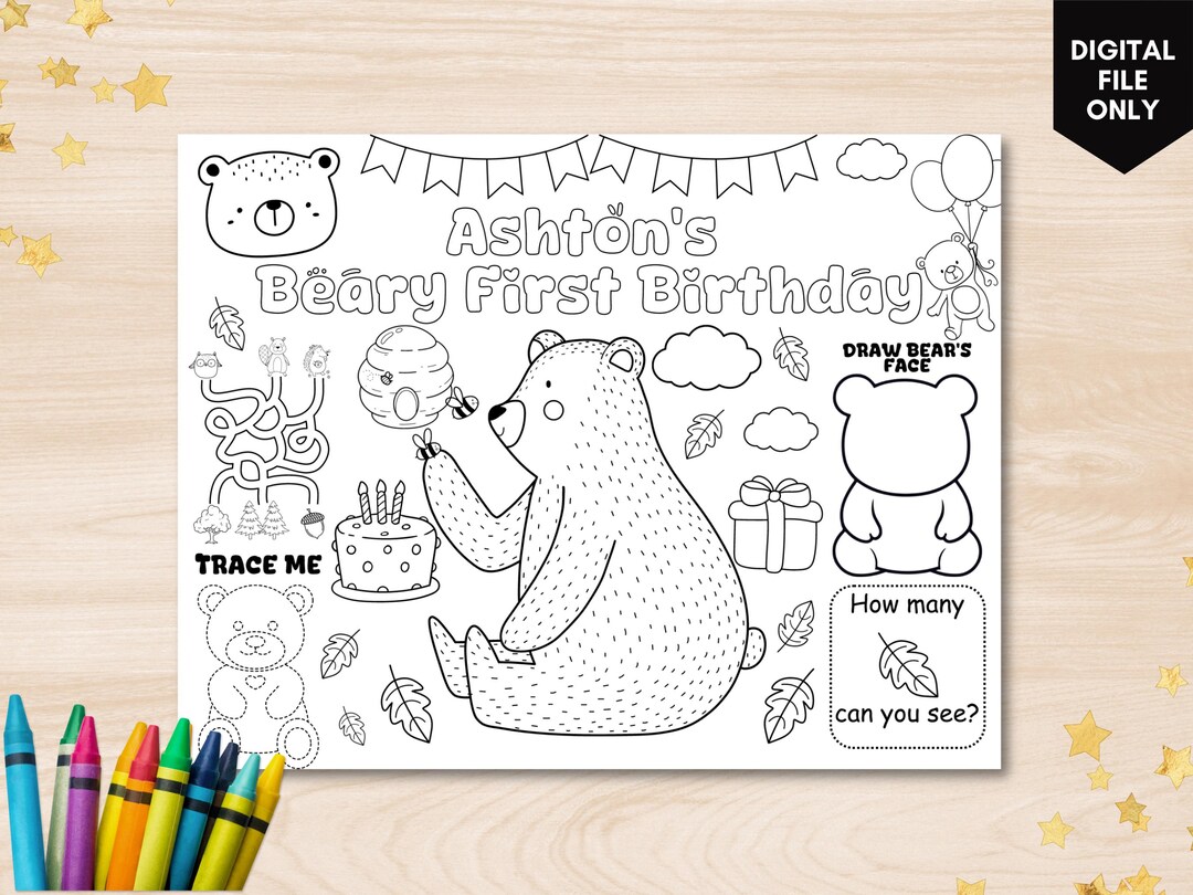 Editable Bear Birthday Coloring Page Printable Beary First Party ...