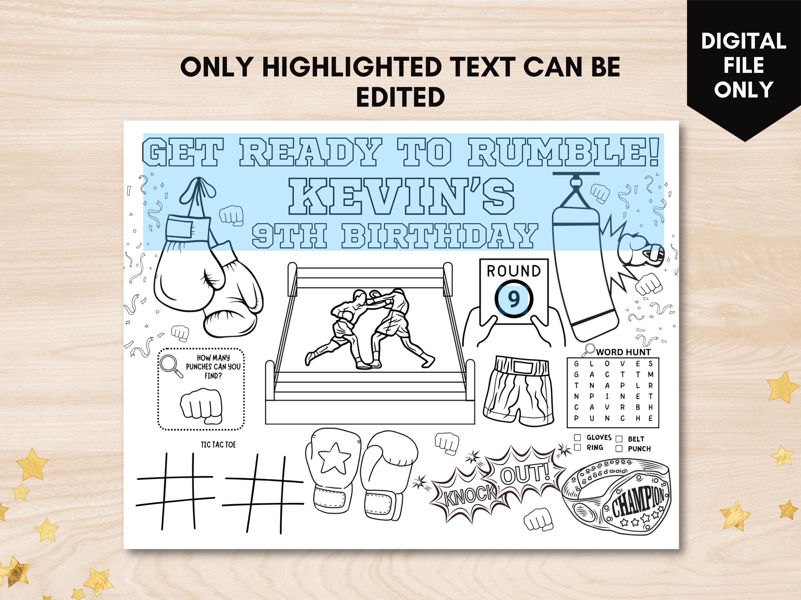 Editable Boxing Colorable Placemat Boxing Coloring Page Personalized ...