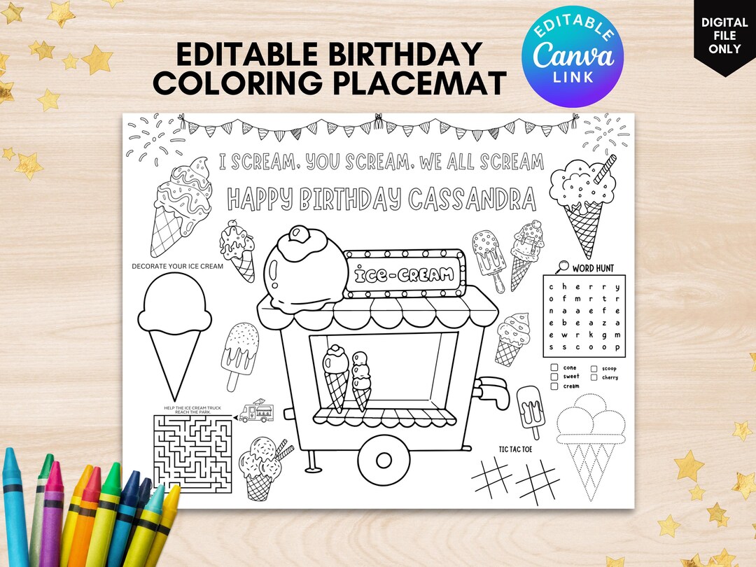 Custom Ice Cream Birthday Coloring Placemat Editable Ice Cream Coloring ...