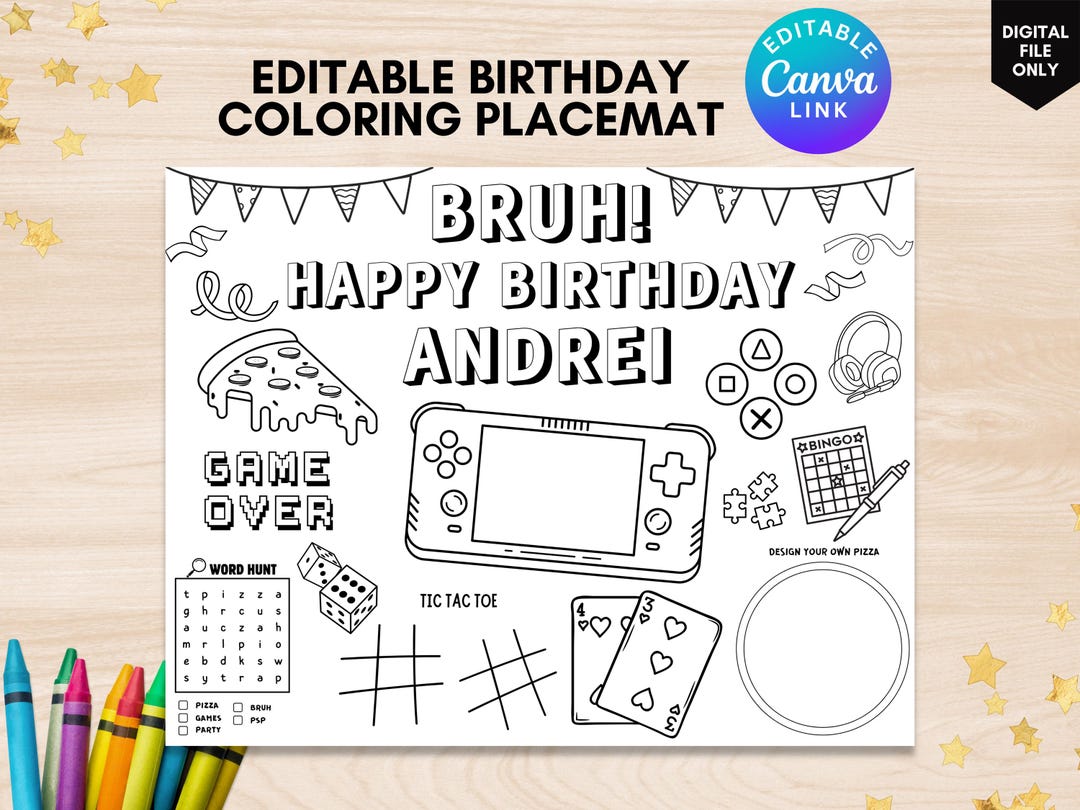 BRUH Birthday Coloring Placemat Bruh Pizza Coloring Activity Placemat Bruh Video Game Birthday ...