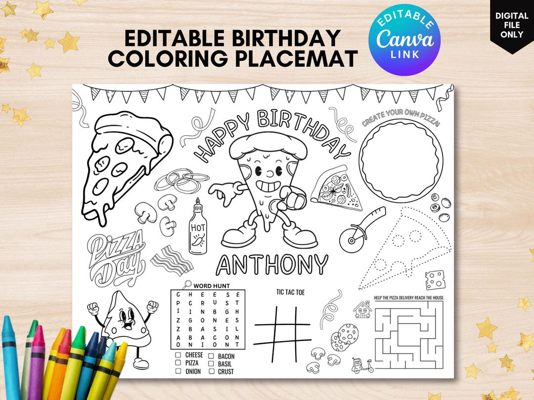 Pizza Birthday Coloring Activity Page Editable Pizza Birthday Coloring ...