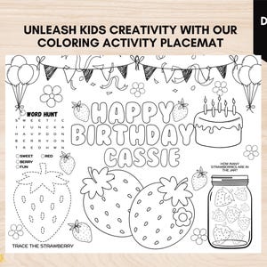 Strawberry Birthday Coloring Activity Page Editable Berry First ...