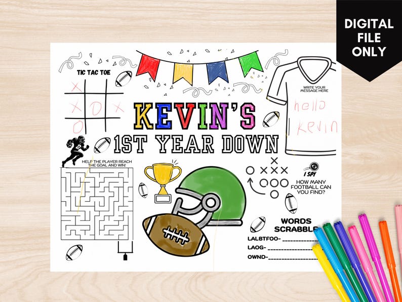 Custom First Year Down Birthday Coloring Page Printable Football ...