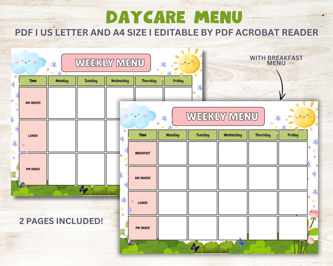 Daycare Menu Template, Daycare Weekly Menu, Daycare Meal Plan, Daycare ...