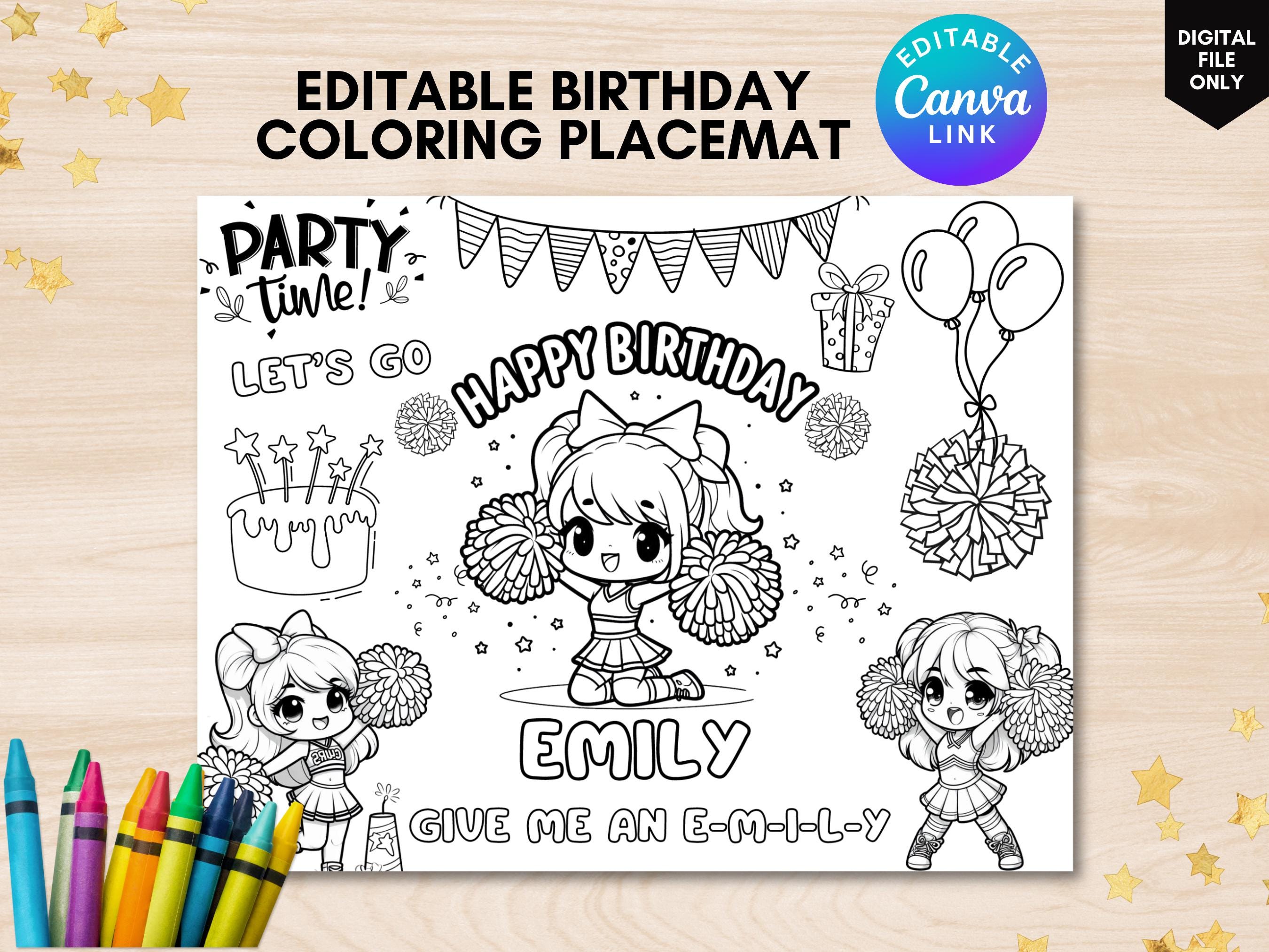 Editable Cheerleader Birthday Coloring Activity Page Cheerleader ...