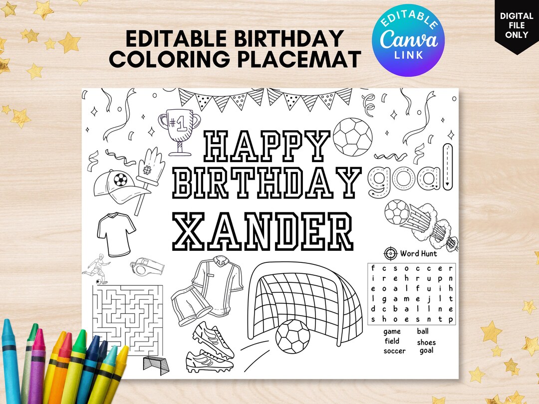 Editable Soccer Birthday Coloring Placemat Soccer Coloring Page Custom ...