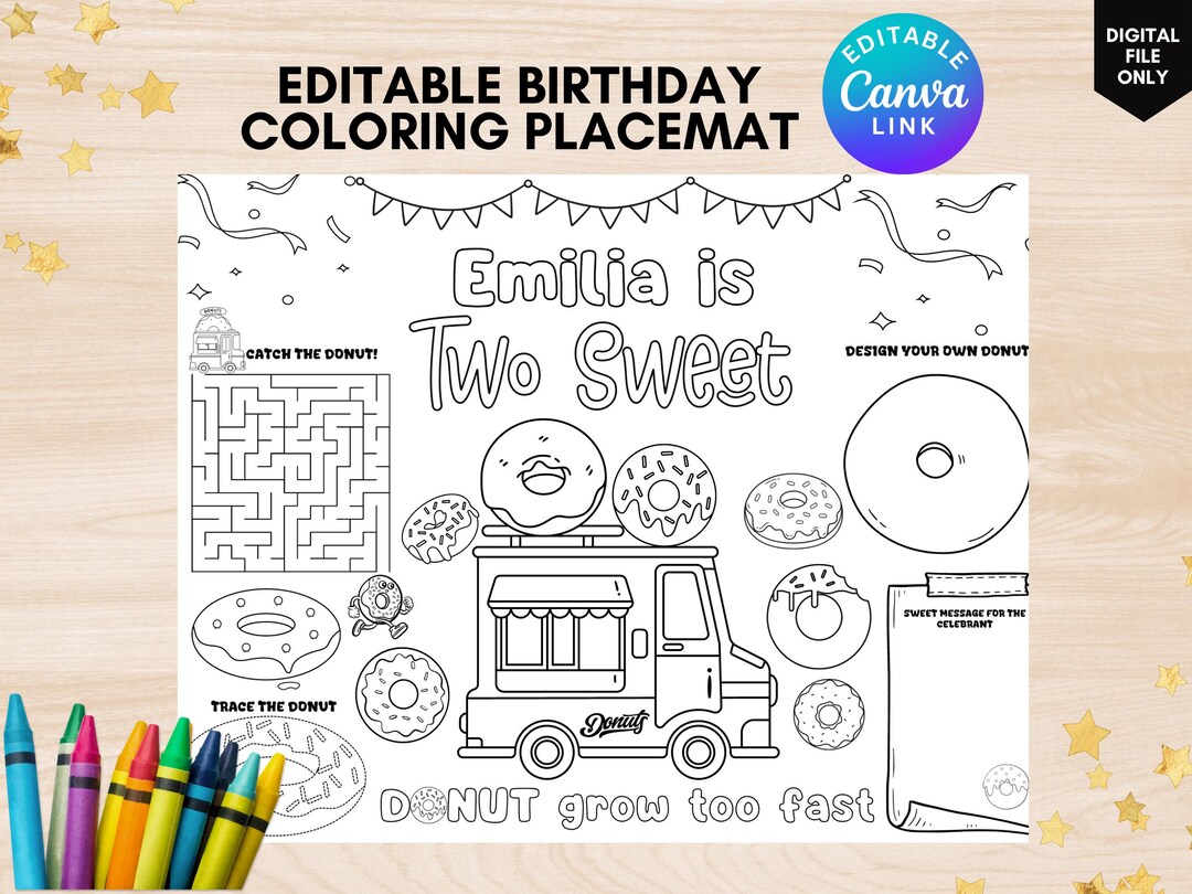 Donut Coloring Activity Page Editable Two Sweet Birthday Coloring ...
