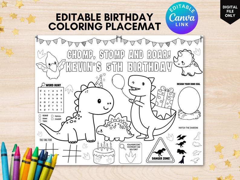 Editable Dino Birthday Coloring Placemat Printable Dinosaur Coloring ...