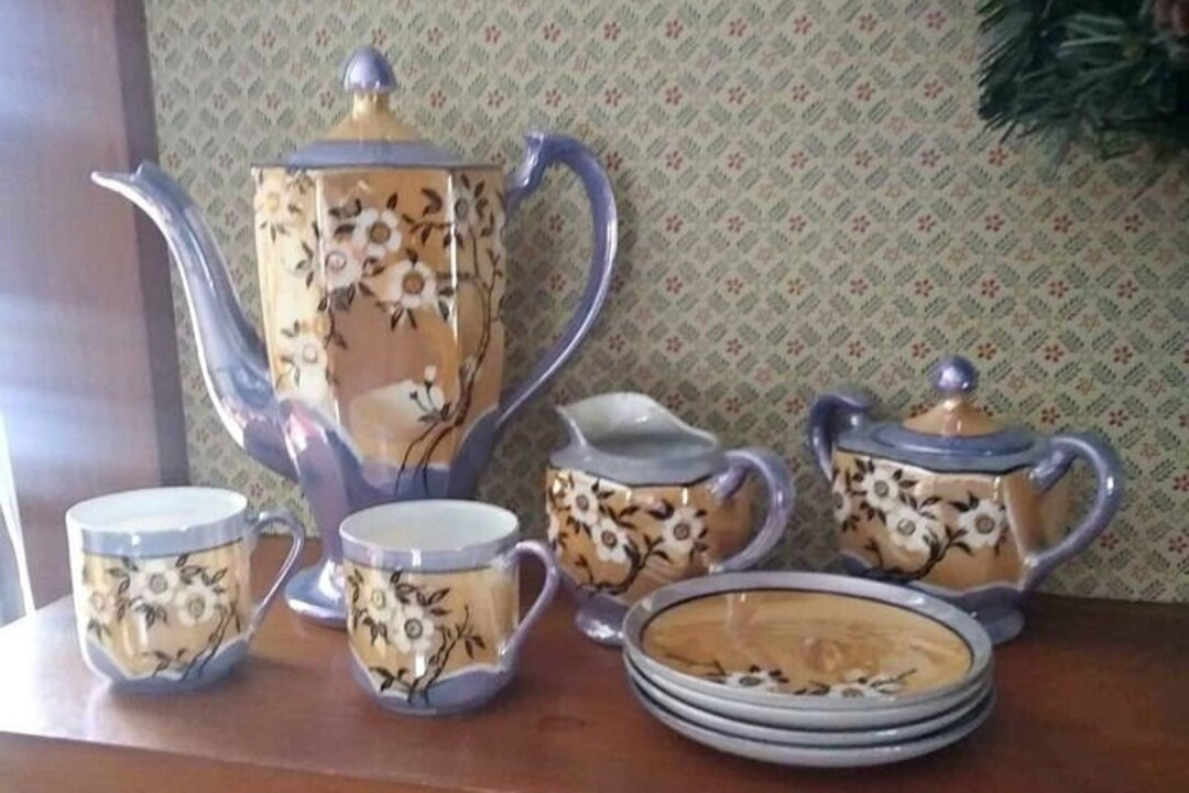 Japanese Lusterware Tea Set - Tall Teapot Sugar Bowl Creamer Demitasse ...