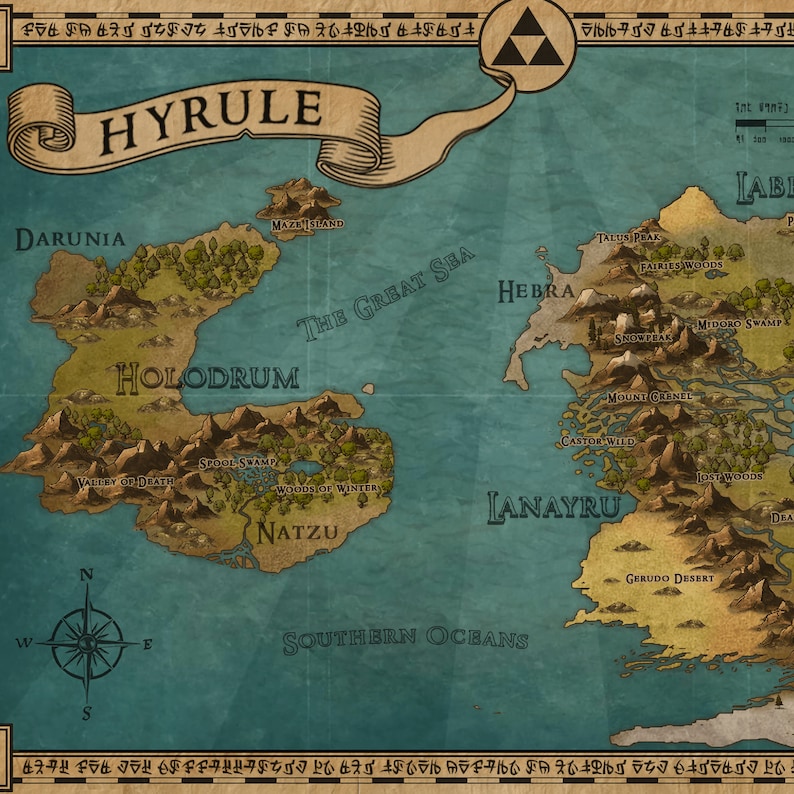 Legend of Zelda Hyrule Map Poster, Vintage Style Art Print for Gamers ...