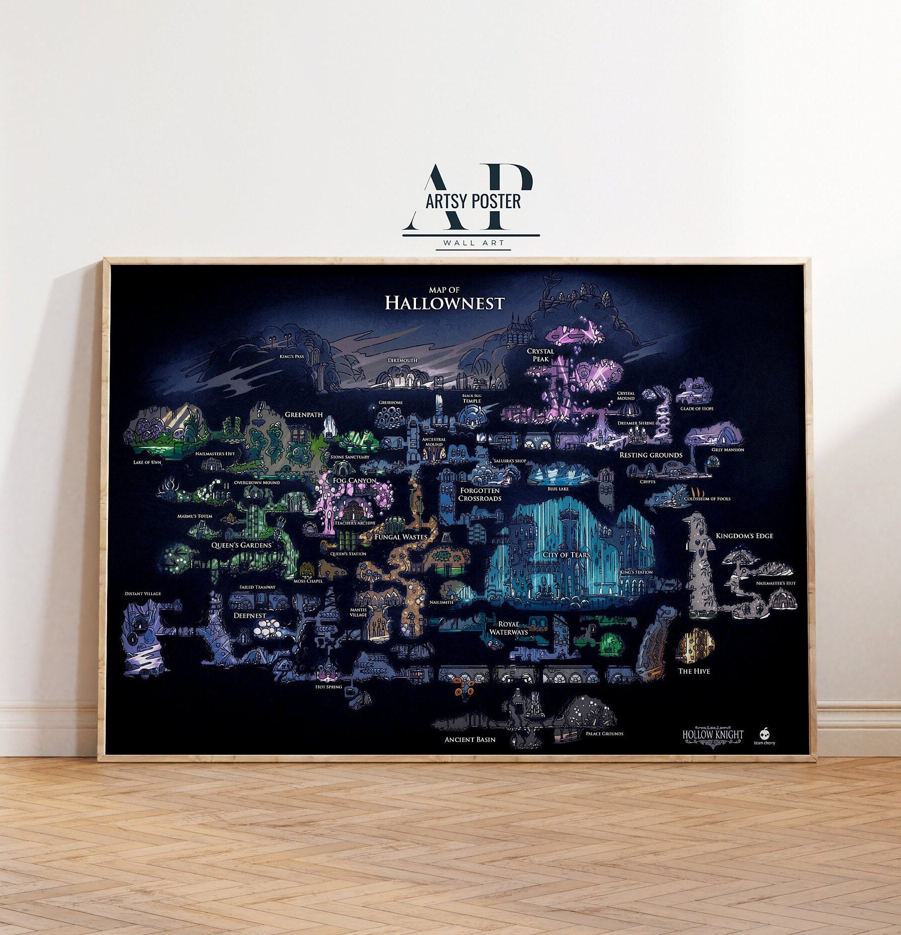Hollow Knight Map Poster, Map of Hallownest, Video Game Art, Gaming ...