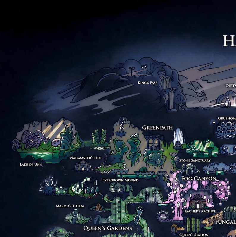 Hollow Knight Map Poster, Map of Hallownest, Video Game Art, Gaming ...