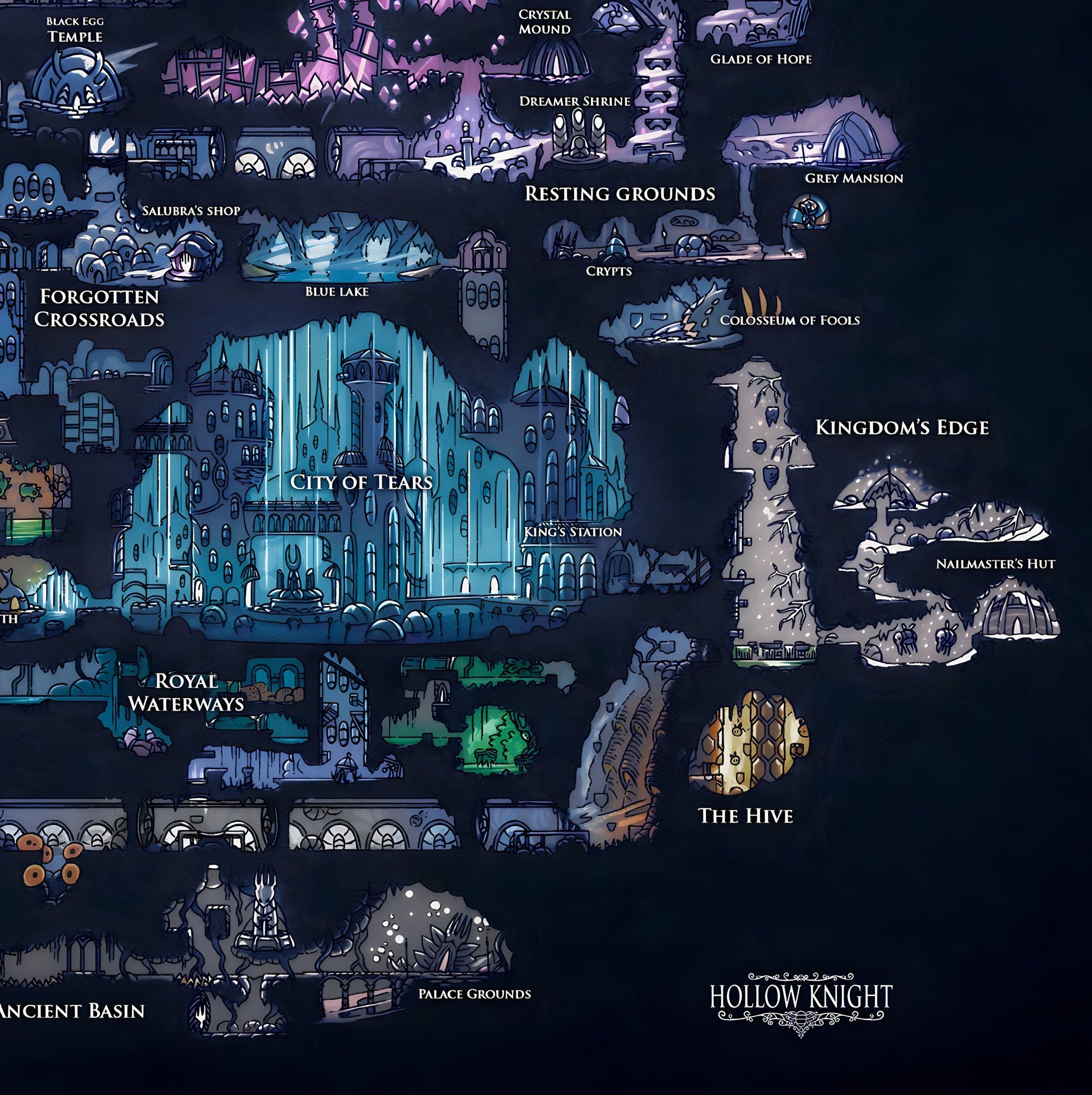 Hollow Knight Map Poster, Map of Hallownest, Video Game Art, Gaming ...