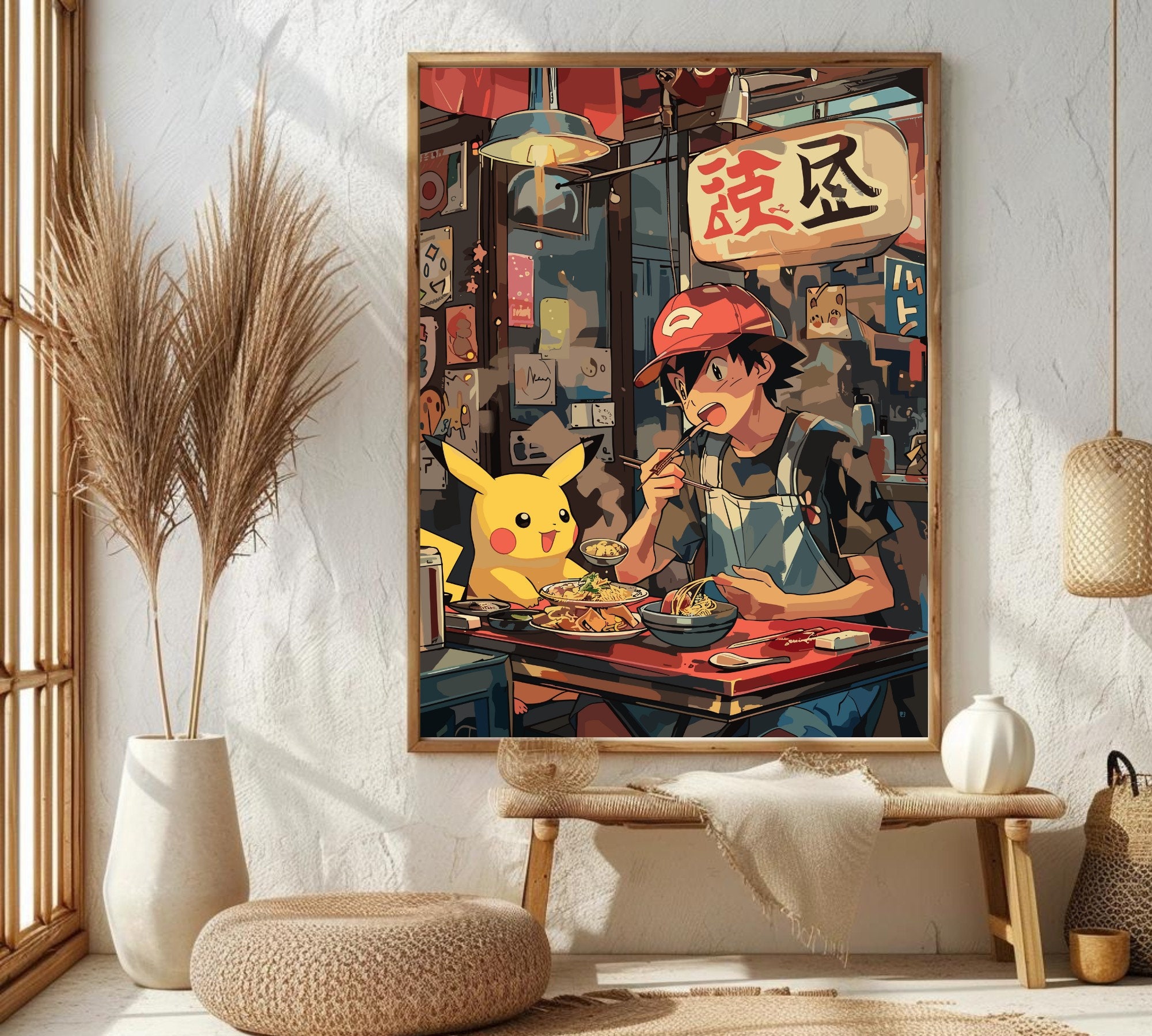 Ash and Pikachu Ramen Poster: Pokémon Anime Poster in Japanese Tapestry ...