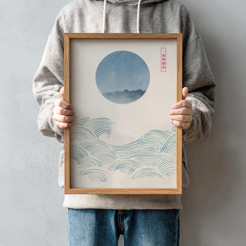 Japanese Wave Art Print: Blue Ocean & Moon, Woodblock Style - Etsy