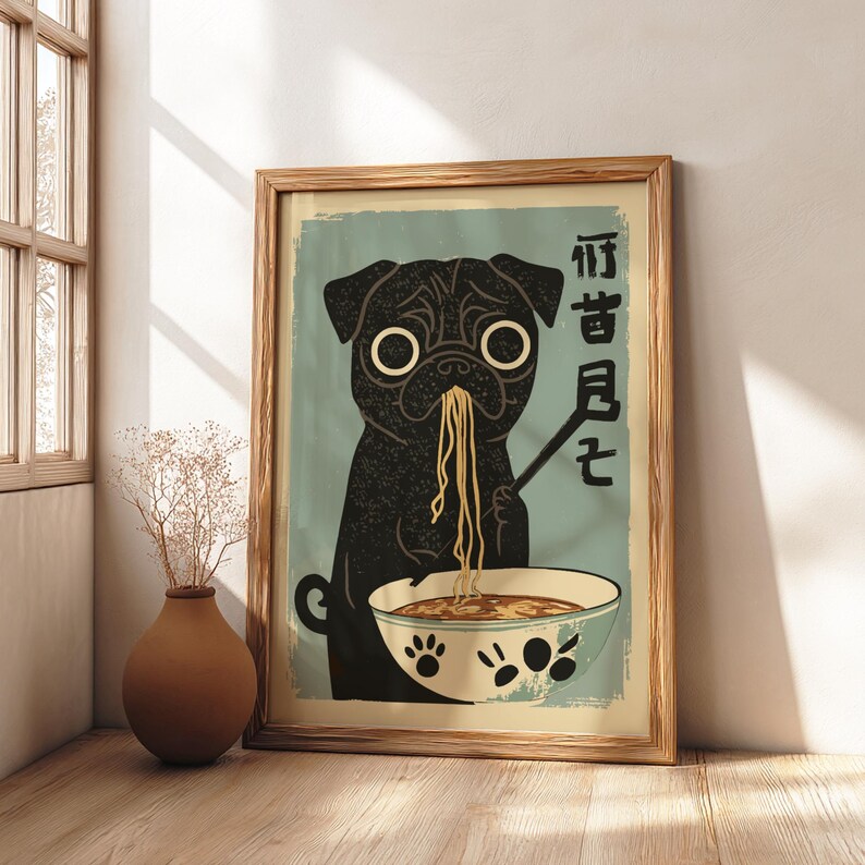 Hungry Black Pug Ramen Poster: Japanese Food Art Print - MULTIPLE ...