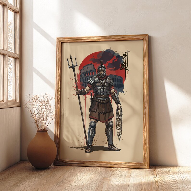 Roman Gladiator Japanese Ink Art Print, Sumi-e Rising Sun Poster, Mixed ...