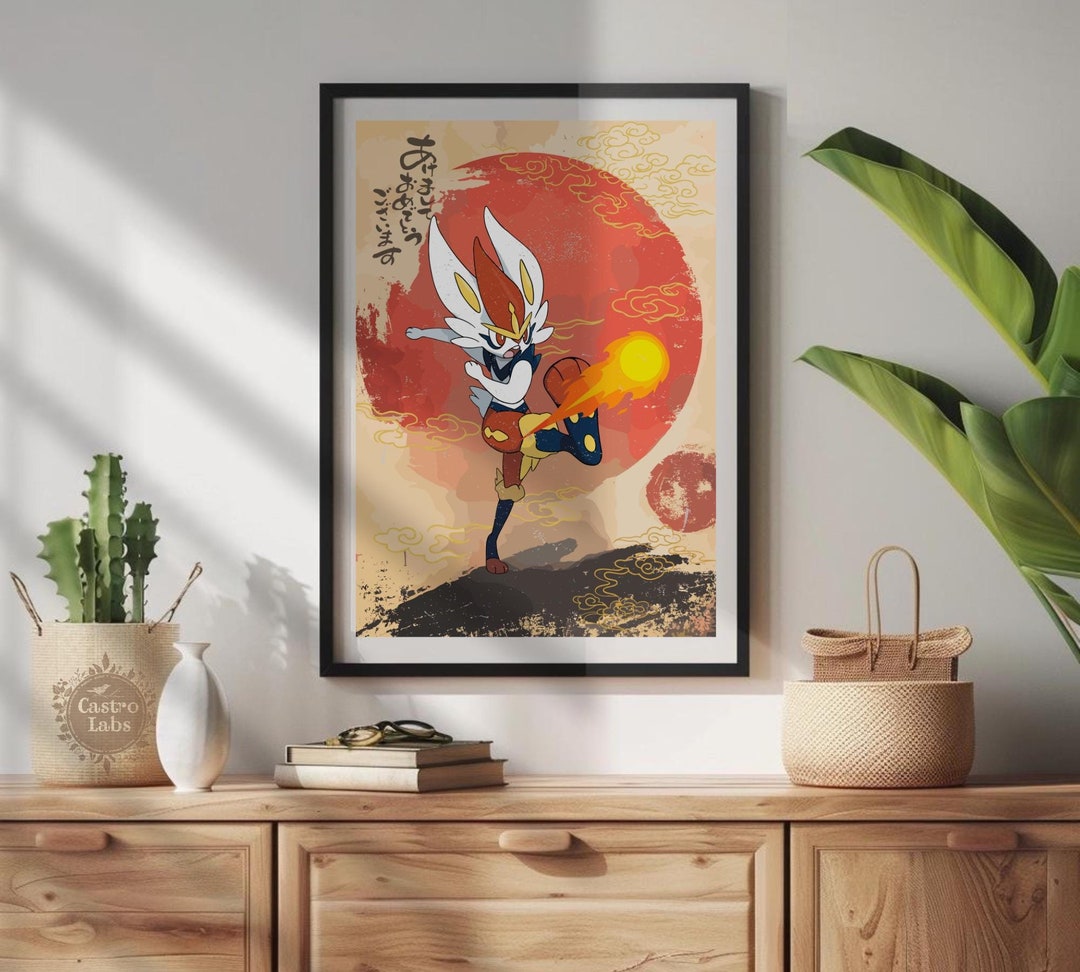 Cinderace: Japanese Tapestry Style Pokemon Anime Poster Printable Wall ...