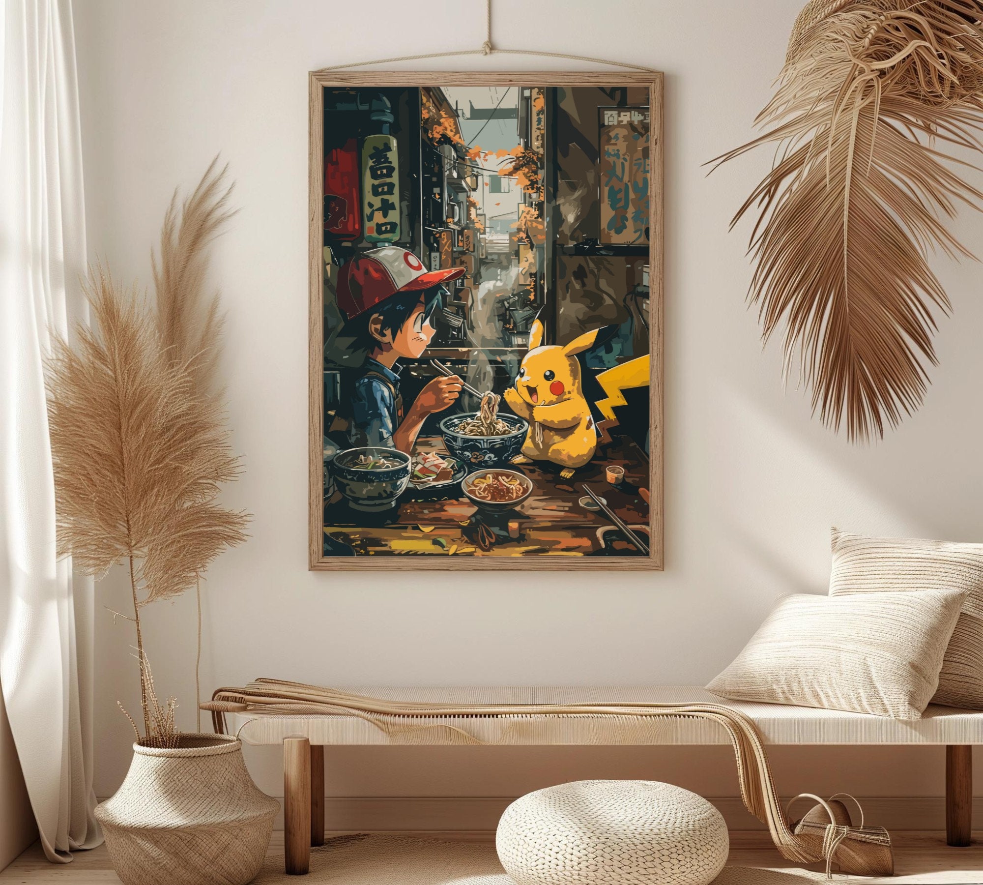 Ash and Pikachu Poster: Pokémon Anime Poster in Japanese Tapestry Style ...