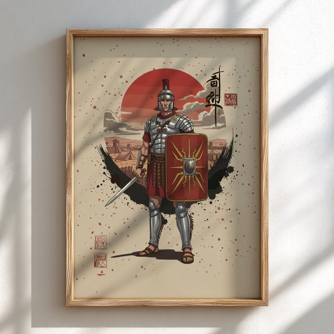Roman Centurion Japanese Ink Art Print, Sumi-e Rising Sun Poster, Mixed ...