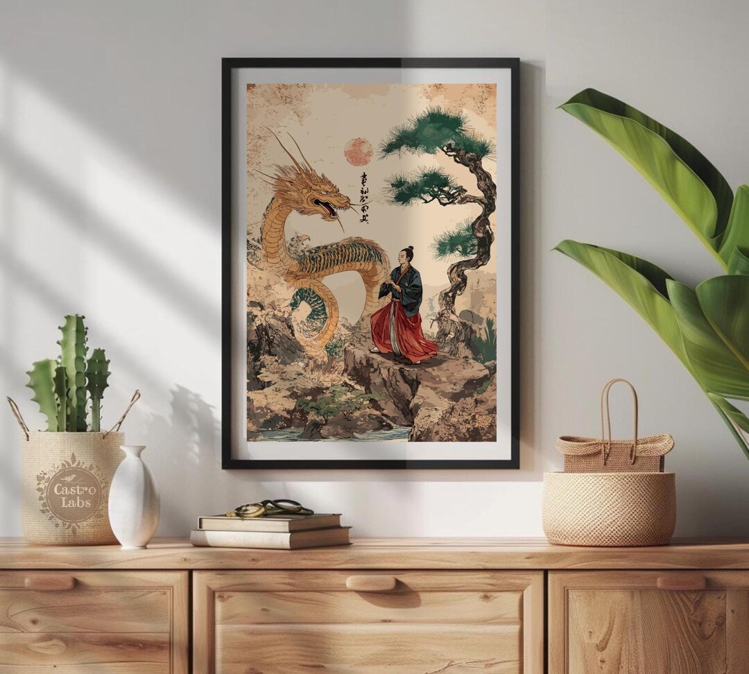 Japanese Dragon and Warrior Art Print - Traditional Japanese Style ...