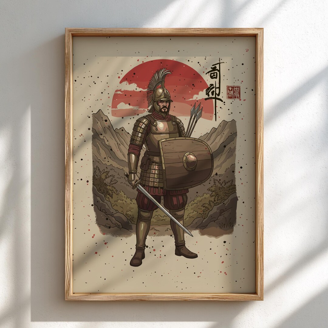 Samnite Warrior Japanese Ink Art Print, Sumi-e Rising Sun Poster, Mixed ...