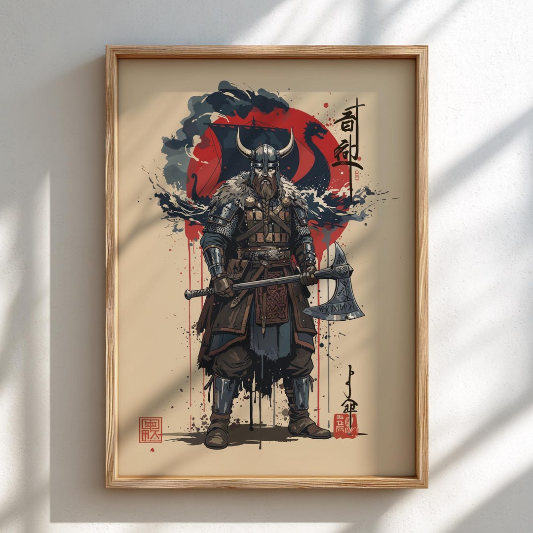Viking Warrior Japanese Ink Art Print, Sumi-e Rising Sun Poster, Mixed ...