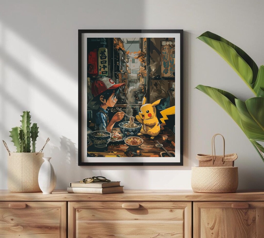 Ash and Pikachu Poster: Pokémon Anime Poster in Japanese Tapestry Style ...