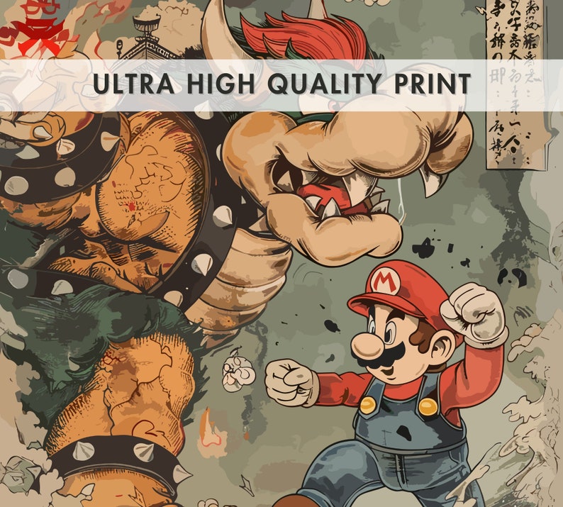 Mario and Bowser Poster: Retro Japanese Anime Poster, Super Mario ...