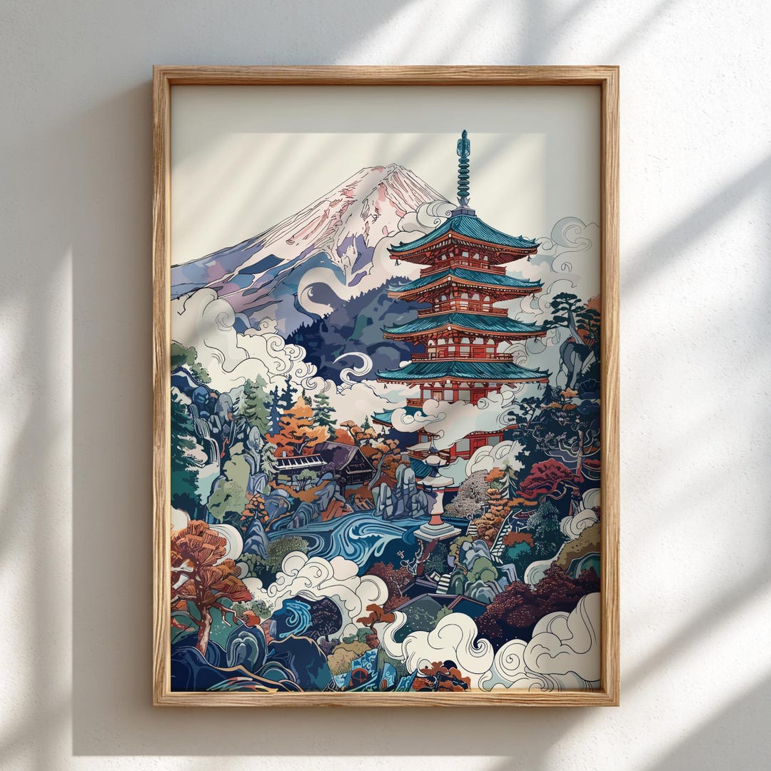 Japanese Pagoda Poster: Zen Garden Temple Woodblock Print - Etsy