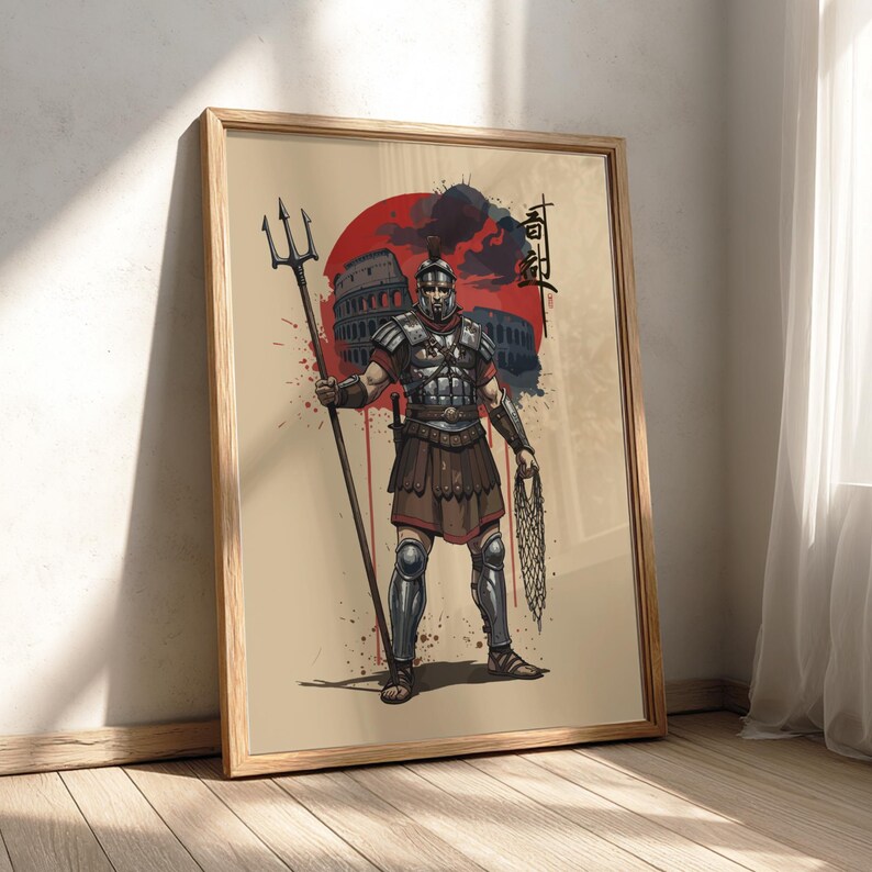 Roman Gladiator Japanese Ink Art Print, Sumi-e Rising Sun Poster, Mixed ...
