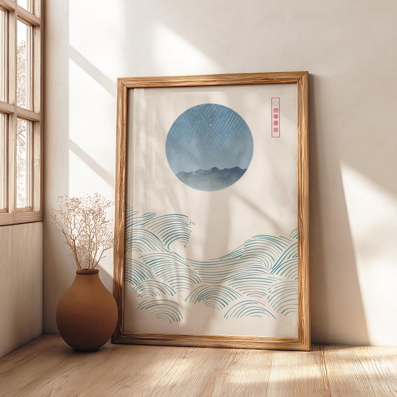 Japanese Wave Art Print: Blue Ocean & Moon, Woodblock Style - Etsy