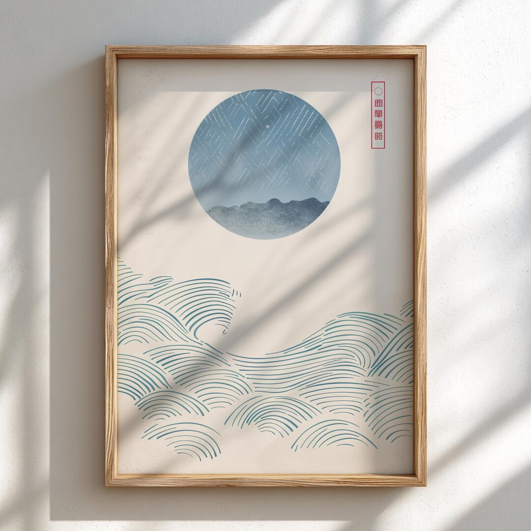 Japanese Wave Art Print: Blue Ocean & Moon, Woodblock Style - Etsy