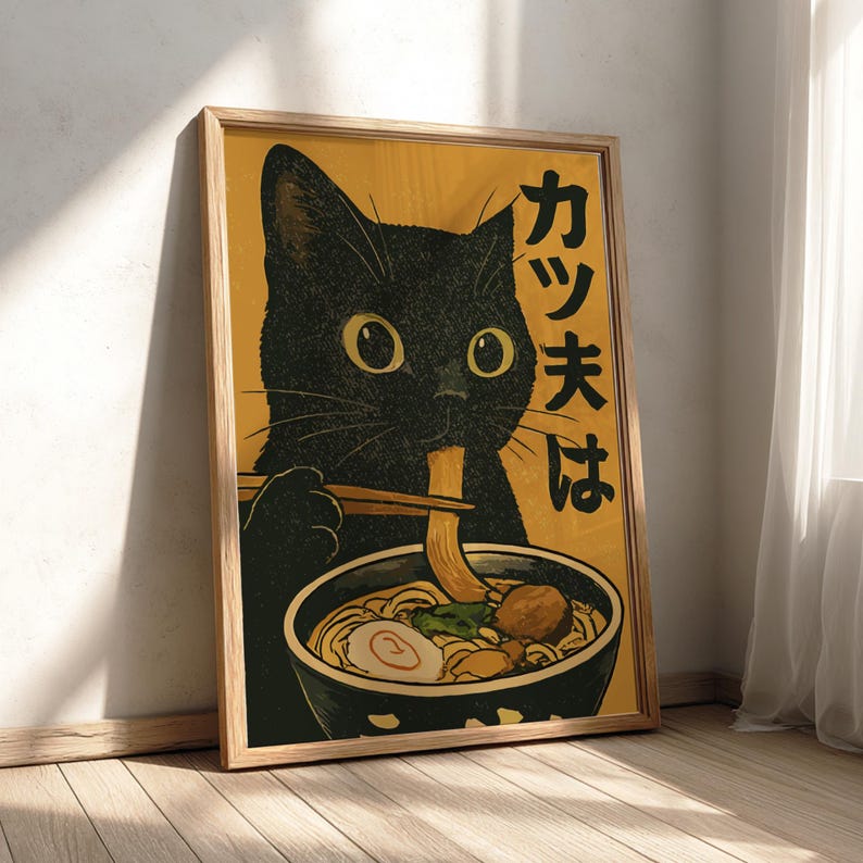 Retro Ramen Cat Poster: Japanese Kitchen Art Print - Etsy