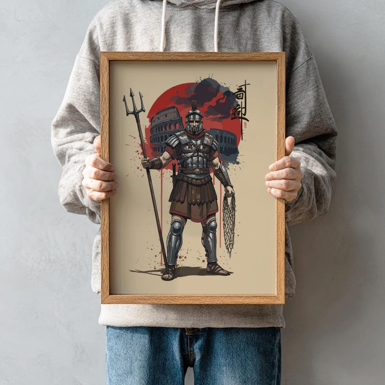 Roman Gladiator Japanese Ink Art Print, Sumi-e Rising Sun Poster, Mixed ...