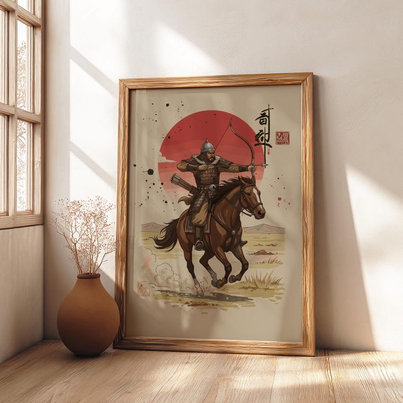 Mongol Archer Art Print, Japanese Sumi-e Style, Warrior Decor - Etsy