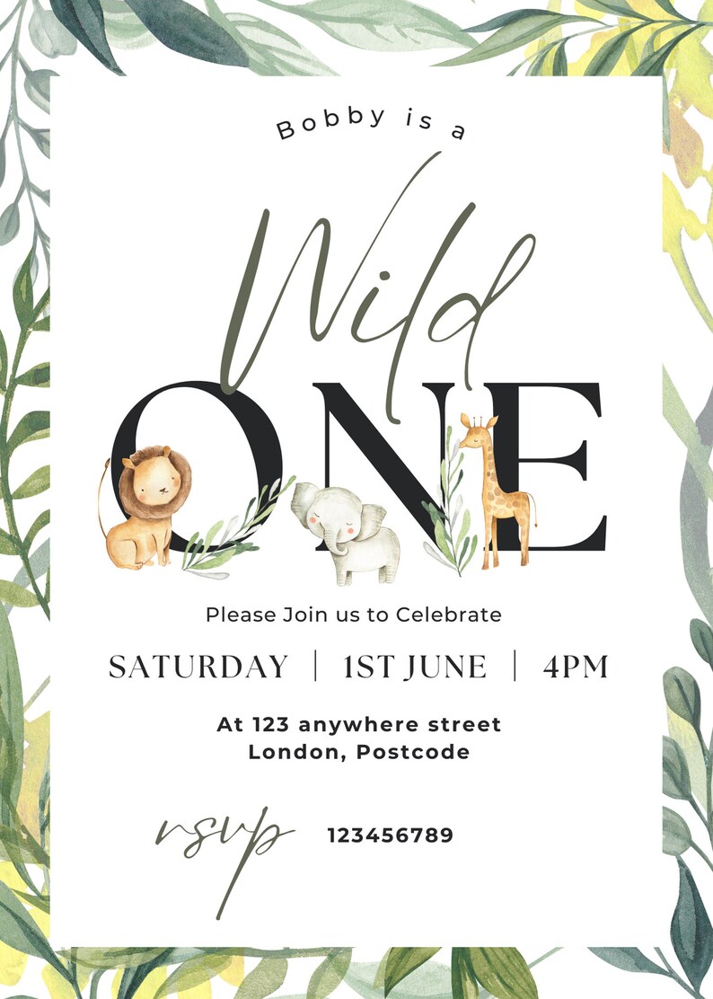 Editable Wild One Birthday Invitation, Kids Birthday Party Invite, Wild ...