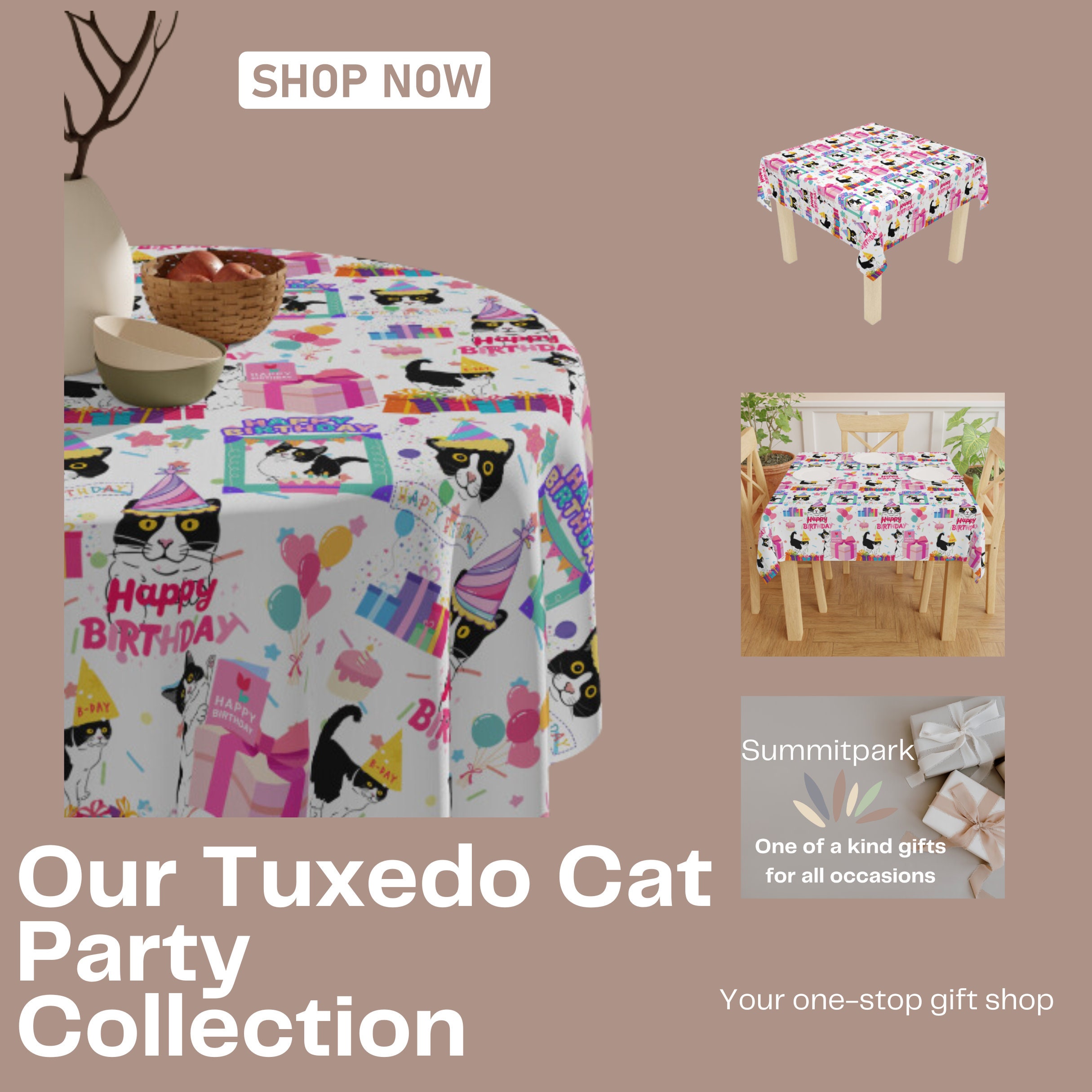 Tuxedo Cat Birthday Tablecloth, Cat Lovers Birthday Party Tablecloth ...