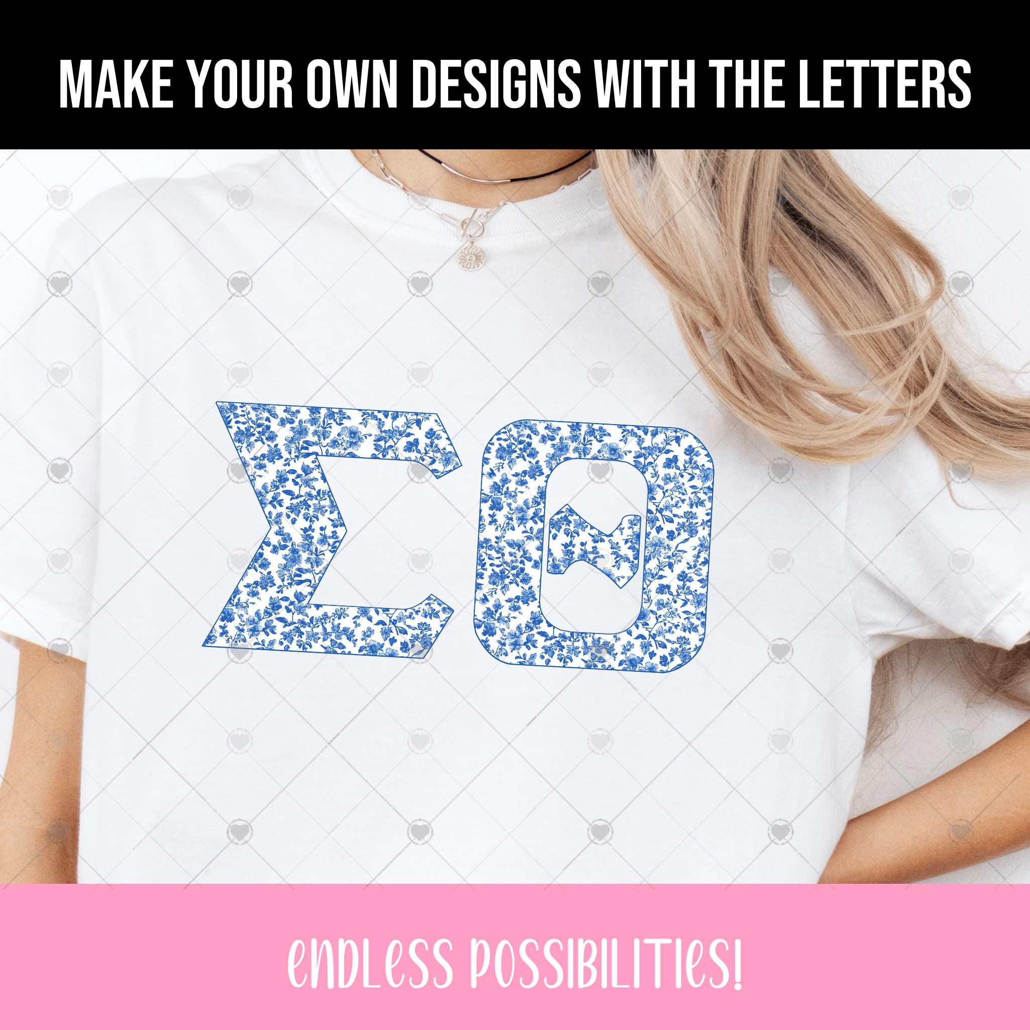 Trendy Blue Toile Greek Letters Alphabet PNG Bundle, Blue Floral ...