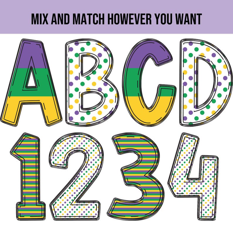 Mardi Gras Doodle Letters Bundle, Stripes and Dots Patterned Doodle ...