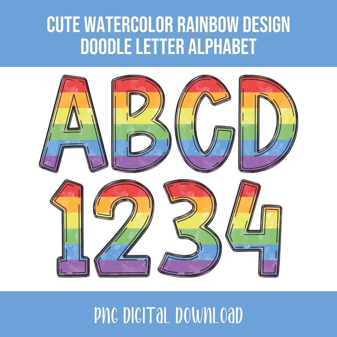 Rainbow Stripe Doodle Letters Watercolor Pride Alphabet and Number ...