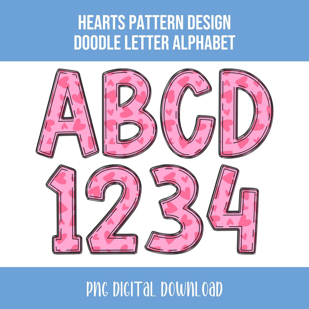 Pink Hearts Doodle Letters Alphabet Bundle, Valentines Day Doodle ...